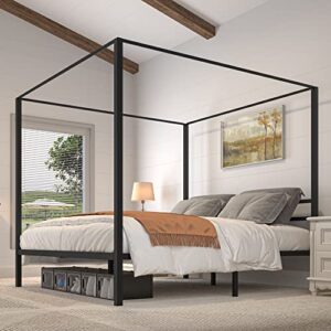 yitahome black metal 4 poster canopy bed frame with headboard, mattress foundation with wooden slats and steel structure, no box spring needed, modern adult heavy duty iron canopy bed (king)