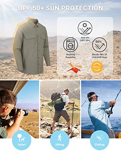 Outdoor Ventures Men's UPF 50+ UV Sun Protection Shirt, Long Sleeve Hiking Fishing Shirt Cooling Quick Dry for Safari Travel Green Gray