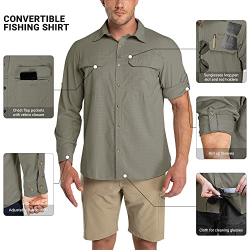 Outdoor Ventures Men's UPF 50+ UV Sun Protection Shirt, Long Sleeve Hiking Fishing Shirt Cooling Quick Dry for Safari Travel Green Gray