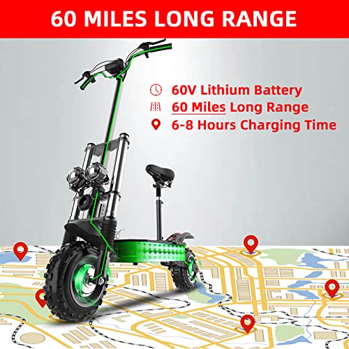 AJOOSOS X60 Electric Scooter, 60V 6000W Dual Motor, Electric Scooter Adults 50 MPH Fast Speed, 60 Miles Long Range, Hydraulic Damping, 11” Off-Road Tires, 400 LBS Weight Limit, Electric Kick Scooter