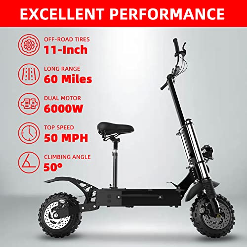 AJOOSOS X60 Electric Scooter, 60V 6000W Dual Motor, Electric Scooter Adults 50 MPH Fast Speed, 60 Miles Long Range, Hydraulic Damping, 11” Off-Road Tires, 400 LBS Weight Limit, Electric Kick Scooter