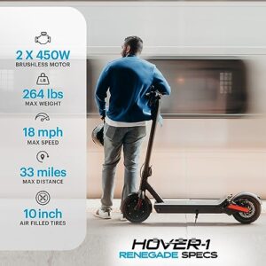 Hover-1 Renegade Electric Scooter, 18MPH, 33 Mile Range, Dual 450W Motors, 7HR Charge, LCD Display, 10 Inch High-Grip Tires, 264LB Max Weight, Black