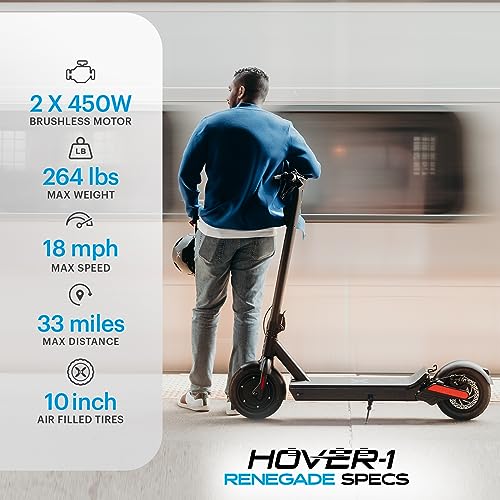 Hover-1 Renegade Electric Scooter, 18MPH, 33 Mile Range, Dual 450W Motors, 7HR Charge, LCD Display, 10 Inch High-Grip Tires, 264LB Max Weight, Black