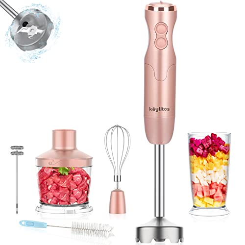 Keylitos 5-in-1 Immersion Hand Blender, Powerful 12-Speed Handheld Stick Blender with 304 Stainless Steel Blades, Chopper, Beaker, Whisk and Milk Frother for Smoothie, Baby Food, Sauces Red,Puree, Soup (Golden Pink)