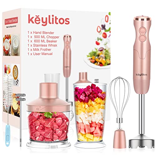 Keylitos 5-in-1 Immersion Hand Blender, Powerful 12-Speed Handheld Stick Blender with 304 Stainless Steel Blades, Chopper, Beaker, Whisk and Milk Frother for Smoothie, Baby Food, Sauces Red,Puree, Soup (Golden Pink)