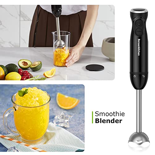 Bonsenkitchen Immersion Blender Handheld, 12-Speed and Turbo Hand Blender Electric with Sharp Blades, 3-In-1 Hand Held Stick Blender with Egg Whisk, 24oz Beaker for Soups, Smoothies, Sauce