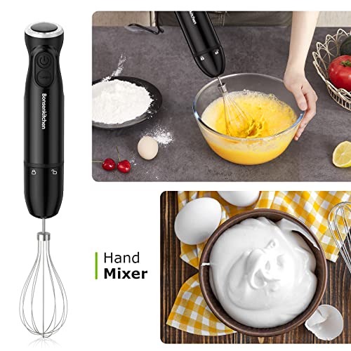 Bonsenkitchen Immersion Blender Handheld, 12-Speed and Turbo Hand Blender Electric with Sharp Blades, 3-In-1 Hand Held Stick Blender with Egg Whisk, 24oz Beaker for Soups, Smoothies, Sauce