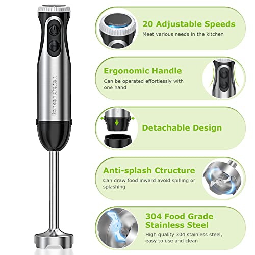 Immersion Hand Blender, 2-in-1 Multi-Purpose 500W Handheld Blender with Whisk, 20-Speed and Turbo Mode, 304 Stainless Steel Stick Blender for Smoothies, Puree Baby Food and Soups