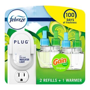 febreze plug in air fresheners for home, air freshener plug in, gain scent, odor fighter for strong odors, 1 warmer + 2 oil refills