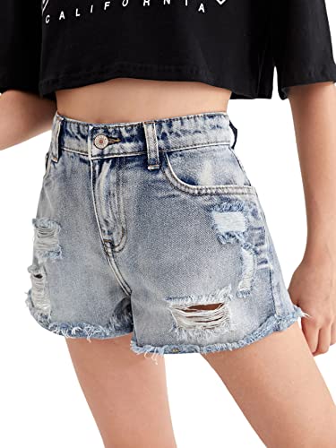 Floerns Girls Ripped Raw Hem Jeans High Waisted Wide Leg Denim Shorts Light Blue 8 Years