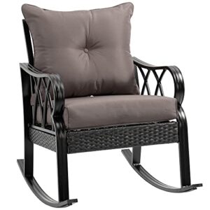 outsunny outdoor wicker rocking chair with padded cushions, aluminum furniture rattan porch rocker chair w/armrest for garden, patio, and backyard, grey