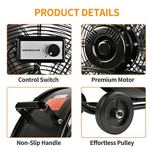 Aain 24" High Velocity Industrial Floor Fan, 2 Speed Air Circulation Standing, Rolling Drum Shop Blower For Garage, Warehouse, Patio, Factory and Basement with Wheel, Black, (AA011B)