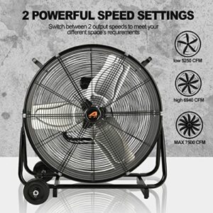 Aain 24" High Velocity Industrial Floor Fan, 2 Speed Air Circulation Standing, Rolling Drum Shop Blower For Garage, Warehouse, Patio, Factory and Basement with Wheel, Black, (AA011B)