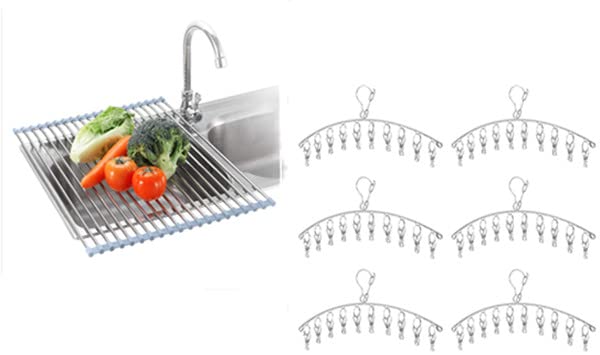 Seropy Roll Up Dish Drying Rack Over The Sink Dish Drainer for Kitchen Sink 17.5 x 15.7 Inch and Clothes Drying Racks for Laundry Foldable 10 Clips 6 Pack Sock Hanger