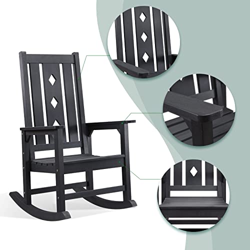 EFURDEN Rocking Chair, Weather Resistant Patio Rocker for Adults, Smooth Rocking Chair Indoor and Outdoor,350lbs Load (Black)