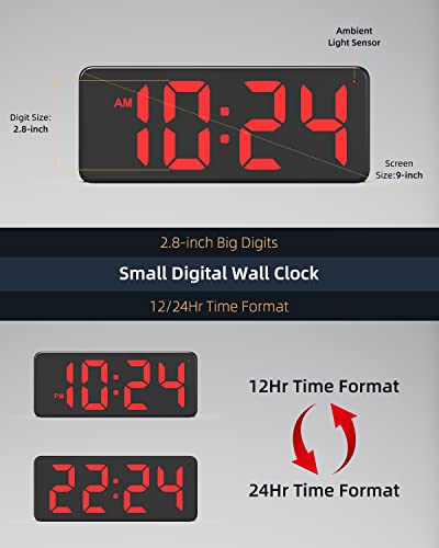 LED Digital Wall Clock with Large Display, Big Digits, Auto-Dimming, Anti-Reflective Surface, 12/24Hr Format, Small Silent Wall Clock for Living Room, Bedroom, Farmhouse, Kitchen, Office