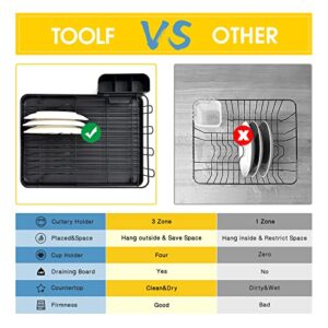 TOOLF Dish Drying Rack, Large Capacity Dish Rack, Dish Drainer with Cutlery Holder, Removable Drip Tray, Cup Holder, Compact Kitchen Drainers for Countertop, Black