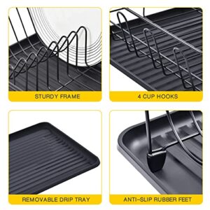 TOOLF Dish Drying Rack, Large Capacity Dish Rack, Dish Drainer with Cutlery Holder, Removable Drip Tray, Cup Holder, Compact Kitchen Drainers for Countertop, Black