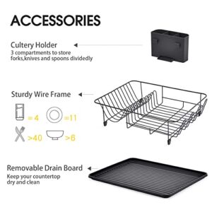 TOOLF Dish Drying Rack, Large Capacity Dish Rack, Dish Drainer with Cutlery Holder, Removable Drip Tray, Cup Holder, Compact Kitchen Drainers for Countertop, Black