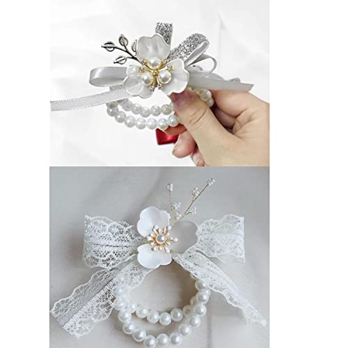 6PCS Pearl Wrist Corsage Bands Bride Elastic Pearl WristBand Corsage DIY Stretch Pearl Wedding Wrist Handmade Corsage Accessories for Wedding Party Bride Bridesmaid Christmas Thanksgiving