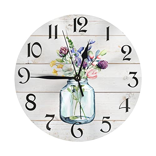 DADABULIU Wall Clock Spring Flower Rustic Country Silent Non-Ticking 10 Inch Round Clocks PVC Battery Operated Quartz Analog for Living Room Kitchen Bedroom Bathroom Office Home School Decor