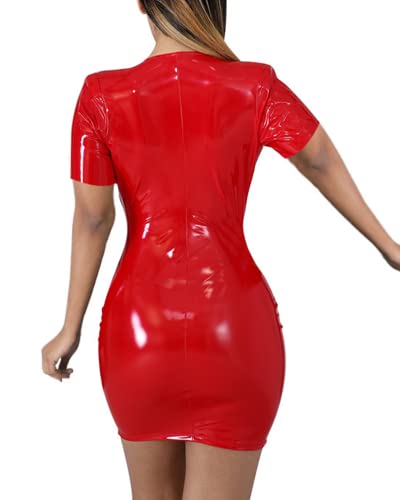 NIGHTMISS Women Sexy Deep V Neck Patent Leather Mini Party Dress Short Sleeve Zip Up Latex Clubwear Nude Dress(RE-3XL)