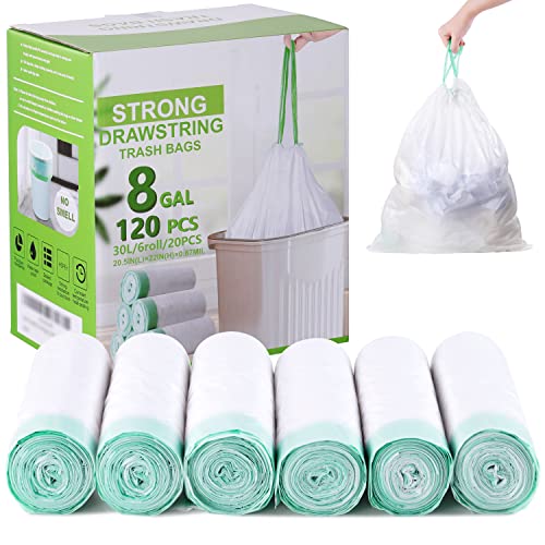 Hawnn 8 Gallon Trash Bag 120 Count, Unscented Strong Drawstring Garbage Bag Fit 30 Litter Trash Can, for Kitchen, Bathroom, Bedroom, Office ( Green )