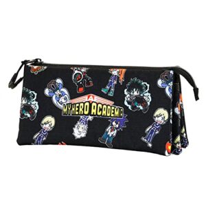 karactermania my hero academia chibi-triple eco pencil case, black, black/white, talla única, triple pencil case eco chibi