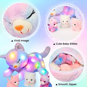 Hopearl LED Plush Cat Light up Stuffed Mommy Cat with 3 Baby Kittens in her Tummy Stuffed Animal Playset Night Lights Glow in The Dark for Mom Kids Toddler Girls, Rainbow, 18''