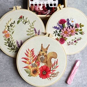 Harimau 3 Sets Embroidery Starter Kit with Pattern and Instructions,Cross Stitch Kits , Including Stamped Embroidery Cloth with 1 Embroidery Hoops, Color Threads and Embroidery Kits