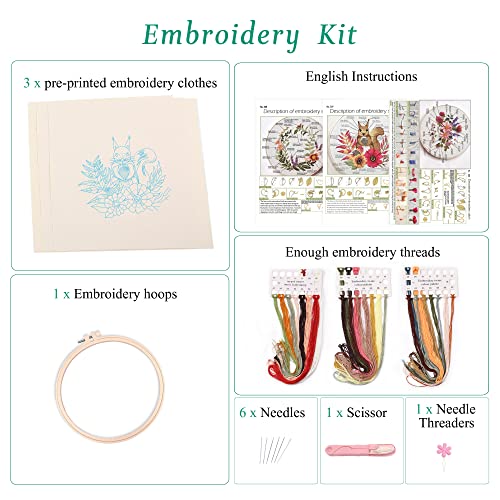 Harimau 3 Sets Embroidery Starter Kit with Pattern and Instructions,Cross Stitch Kits , Including Stamped Embroidery Cloth with 1 Embroidery Hoops, Color Threads and Embroidery Kits