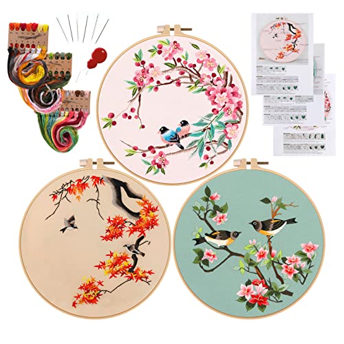 Anidaroel 3 Sets Embroidery Starters Kit for Beginners, Cross Stitch Kits for Adults Include 3 Embroidery Cloth with Birds Pattern, 1 Embroidery Hoop, Color Threads and Needles