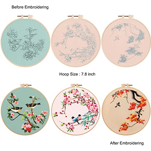 Anidaroel 3 Sets Embroidery Starters Kit for Beginners, Cross Stitch Kits for Adults Include 3 Embroidery Cloth with Birds Pattern, 1 Embroidery Hoop, Color Threads and Needles