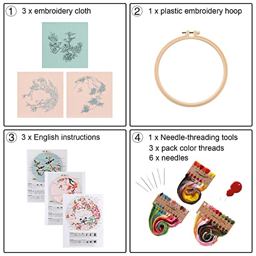 Anidaroel 3 Sets Embroidery Starters Kit for Beginners, Cross Stitch Kits for Adults Include 3 Embroidery Cloth with Birds Pattern, 1 Embroidery Hoop, Color Threads and Needles