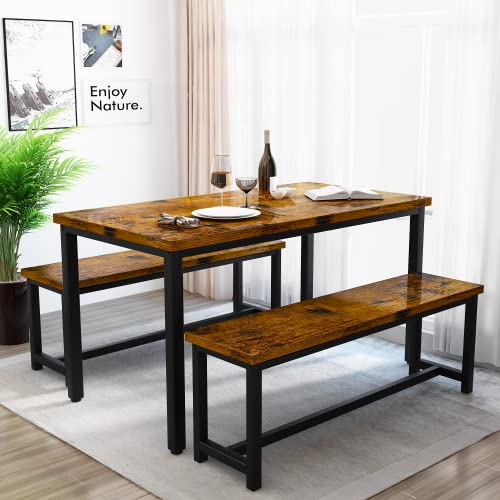 Recaceik 3-Piece Dining Table Set for 4, 43'' Dining Room Table Set with 2 Benches, Space-Saving Dinette Table with Metal Frame & MDF Board, Kitchen Breakfast Table for Dining Room, Rustic Brown