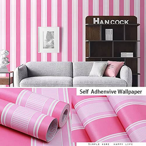 PoetryHome Self Adhesive Vinyl Rose and Pink Stripe Peel and Stick Wallpaper Shelf Liner for Walls Nursery Girls Bedroom Cabinets Dresser Drawer Furniture Decal Removable Waterproof 17.7x117 Inches