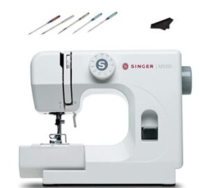 singer sewing machine bundle m1000+, 32 stitch applications, mending machine, simple, portable, great for beginners, top drop-in bobbin, reverse lever, 5 heavy duty needles, kwalicable cleaning cloth