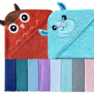 Sunny zzzZZ Baby Hooded Bath Towel and Washcloth Sets, Baby Essentials for Newborn Boy Girl, Baby Shower Towel Gifts for Infant and Toddler - 2 Towel and 8 Washcloths - Owl and Rhino