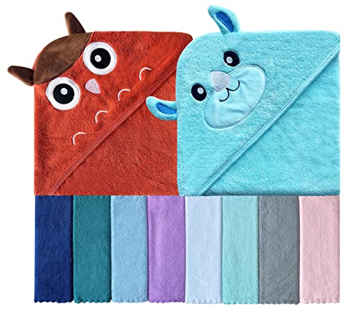 Sunny zzzZZ Baby Hooded Bath Towel and Washcloth Sets, Baby Essentials for Newborn Boy Girl, Baby Shower Towel Gifts for Infant and Toddler - 2 Towel and 8 Washcloths - Owl and Rhino