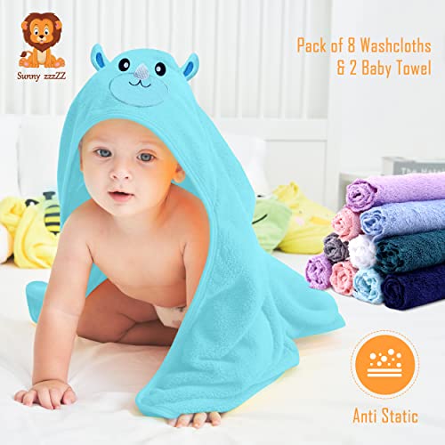 Sunny zzzZZ Baby Hooded Bath Towel and Washcloth Sets, Baby Essentials for Newborn Boy Girl, Baby Shower Towel Gifts for Infant and Toddler - 2 Towel and 8 Washcloths - Owl and Rhino