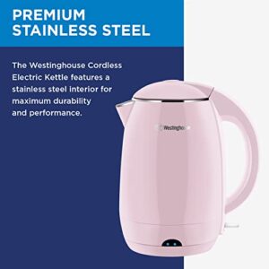 Westinghouse Electric Cordless Kettle - Crafted with 1.8L Capacity, Double Wall Housing, Auto Shutoff, Stainless, Steel Interior, Concealed Heating Element, and 360° Swivel Base and Cord Storage (Pink)