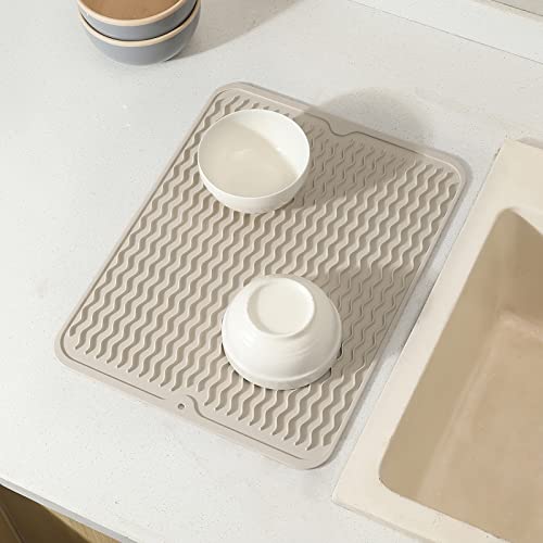 MicoYang Silicone Dish Drying Mat for Multiple Usage,Easy clean,Eco-friendly,Heat-resistant Silicone Mat for Kitchen Counter or Sink,Refrigerator or Drawer liner Tapioca L 16 inches x 12 inches