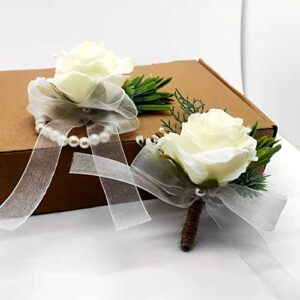 YESKY Corsage Wristlet, White Rose Wrist Flowers and Men's Corsage Set, Boutonniere and Wrist Corsage Bracelet Wristband Roses for Wedding Flowers Accessories Prom Suit Decorations