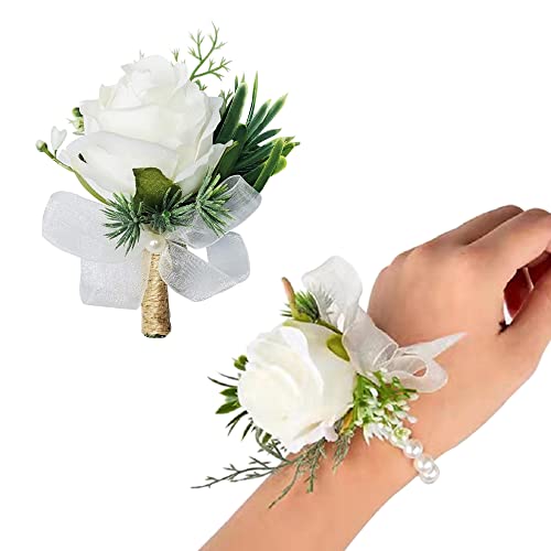 YESKY Corsage Wristlet, White Rose Wrist Flowers and Men's Corsage Set, Boutonniere and Wrist Corsage Bracelet Wristband Roses for Wedding Flowers Accessories Prom Suit Decorations