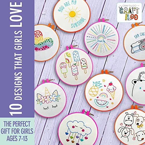 CRAFTILOO 10 Pre-Stamped Embroidery Patterns for Beginners Embroidery Kit for Kids Girls Needlepoint Kits for Beginners Cross Stitch Craft Sewing Perfect for Ages 7-13