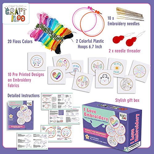 CRAFTILOO 10 Pre-Stamped Embroidery Patterns for Beginners Embroidery Kit for Kids Girls Needlepoint Kits for Beginners Cross Stitch Craft Sewing Perfect for Ages 7-13