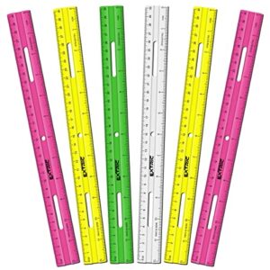 rulers for kids, 12 inch clear ruler - assorted colors - 6 count - metric and inches - 3 ring binder ruler - shatterproof rulers for students