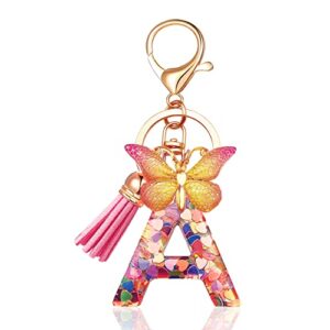 jinguazi initial letter keychains for women tassel butterfly pink cute car keychain for wallet purses backpack (pink a)