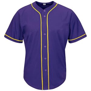 pullonsy mens plain solid purple baseball jersey basketball hipster hip hop t-shirts button down,purple-yellow stripe plain,size s