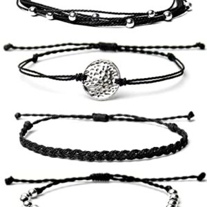 Mezcla Vida Bohemian Wave Coin Charms Black Beaded Handmade Braided Rope Surfing Woven Bracelets Sets For Women Teen Girls, Beach String Jewelry (BLACK)